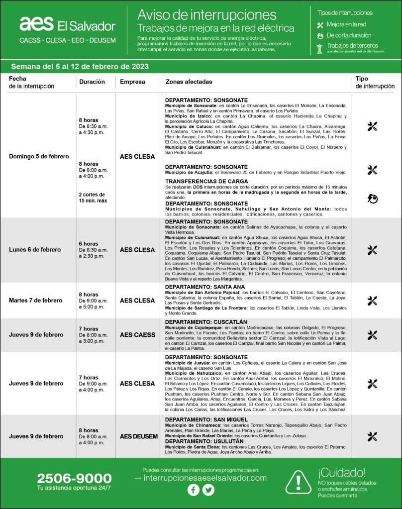 Interrupciones programadas del 5 al 12 de febrero – Interrupciones AES El Salvador